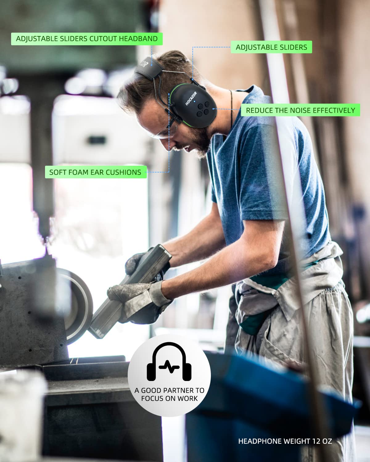 Hocazor HZ07 Upgrade Bluetooth 5.3 Hearing Protection Built-in 1500 mAh Rechargeable Battery 40 Hours+ Playing Time Noise Cancelling 25dB NRR Earmuffs NRR 25dB for Mowing Workshops, Green