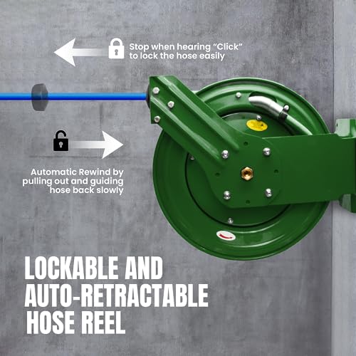 RMX BluSeal Auto Retractable Water Hose Reel with Hot & Cold Water Rubber Garden Hose, Spray Nozzle - Ultra Light, Super Strong with 6' Lead-in Hose (3/4β x 50β Green)