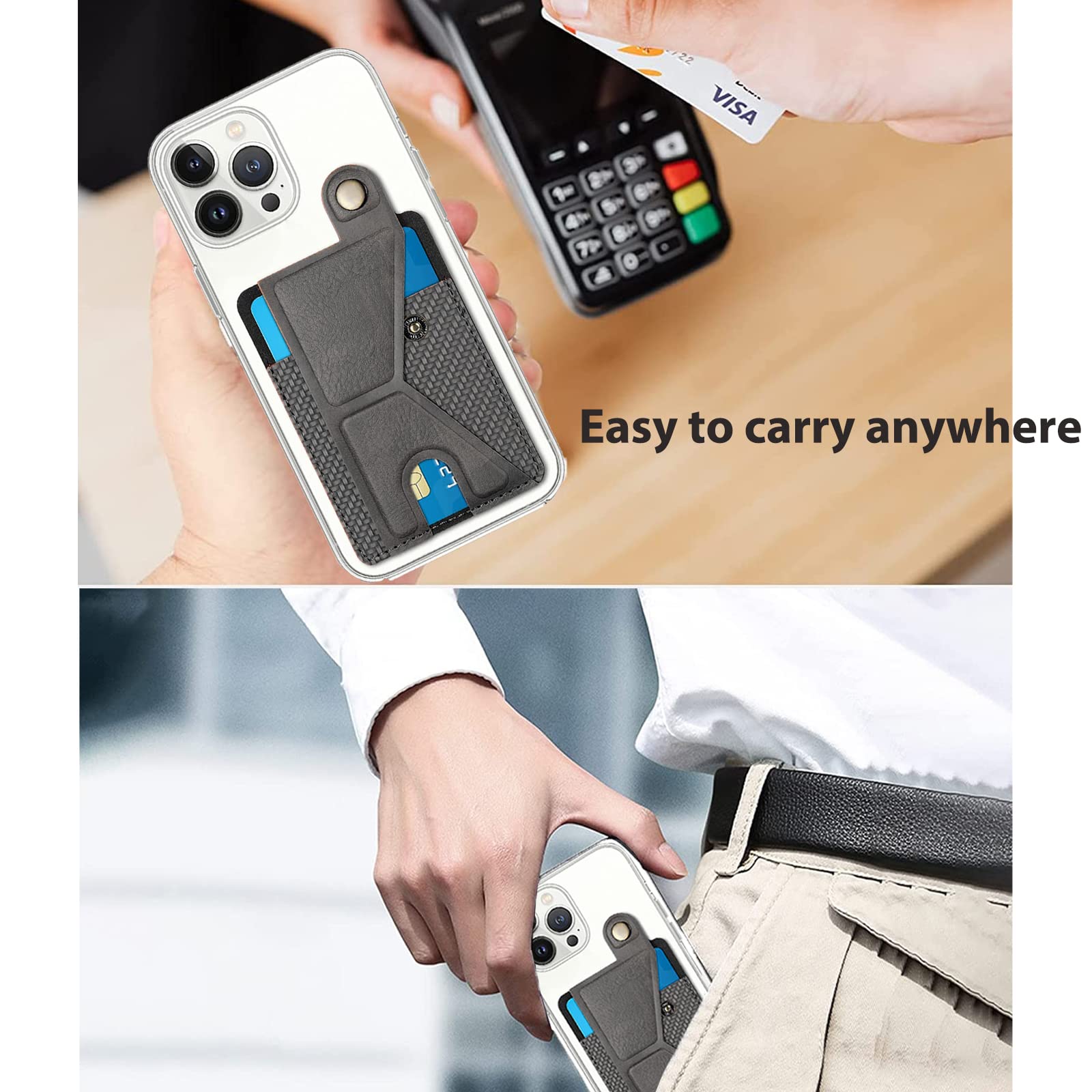 Miimall Phone Card Holder Compatible with iPhone Case, Samsung Galaxy Phone, PU Leather Wallet Pouch with Magnetic Adjustable Kickstand, 3M Adhesive Case Sleeve for Most Smartphones (Black)