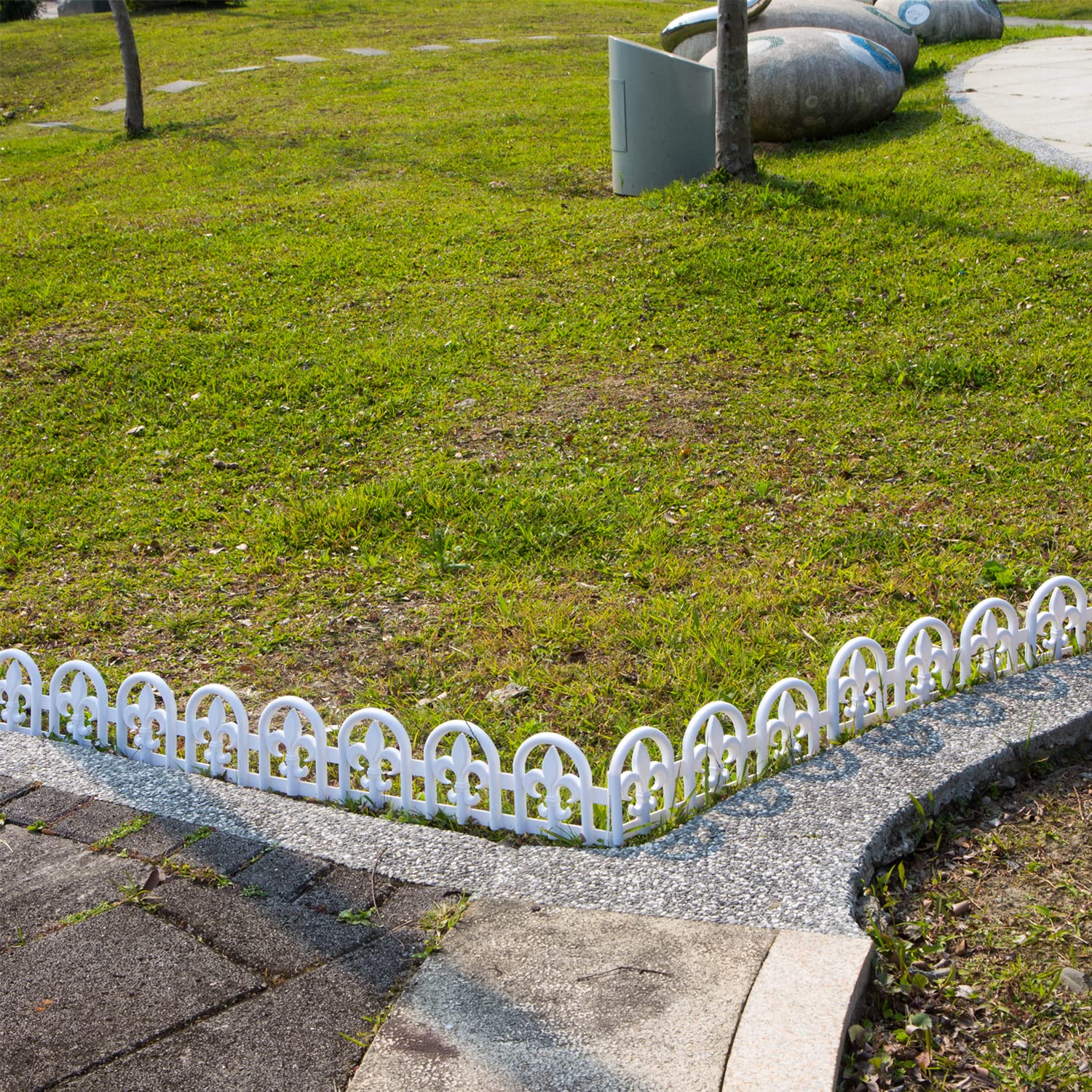 Evelyne White Garden Border Edging: Wrought Iron Design - 27pcs White Yard Landscaping Fence Liner Lawn Edge Barrier - 35ft Kit of Decorative Lawn Landscape Panels Elements