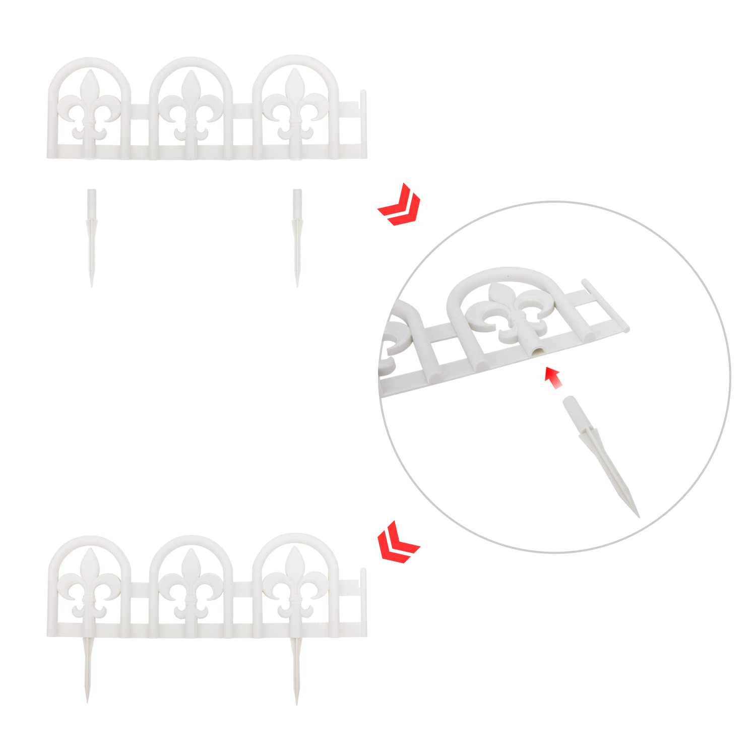 Evelyne White Garden Border Edging: Wrought Iron Design - 27pcs White Yard Landscaping Fence Liner Lawn Edge Barrier - 35ft Kit of Decorative Lawn Landscape Panels Elements
