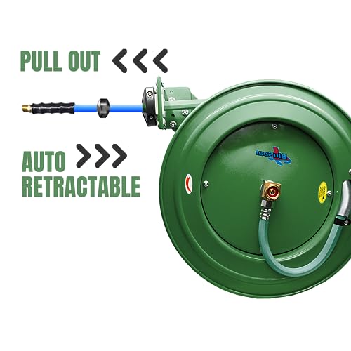 RMX BluSeal Auto Retractable Water Hose Reel with Hot & Cold Water Rubber Garden Hose, Spray Nozzle - Ultra Light, Super Strong with 6' Lead-in Hose (3/4β x 50β Green)