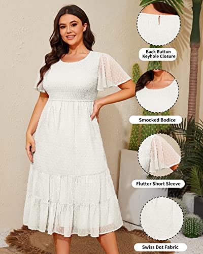 White Plus Size Summer Dress Casual Graduation Bridal Shower Midi Short Sleeve Swiss Dot Tiered Flowy Smocked Dresses