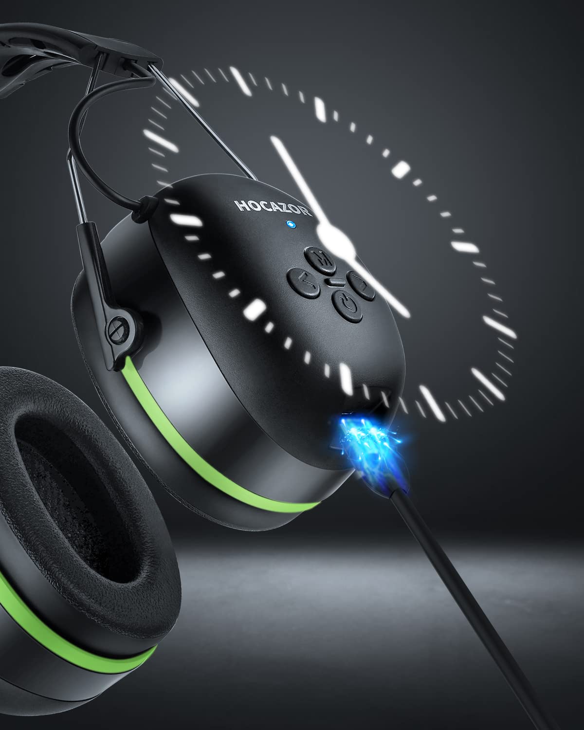 Hocazor HZ07 Upgrade Bluetooth 5.3 Hearing Protection Built-in 1500 mAh Rechargeable Battery 40 Hours+ Playing Time Noise Cancelling 25dB NRR Earmuffs NRR 25dB for Mowing Workshops, Green