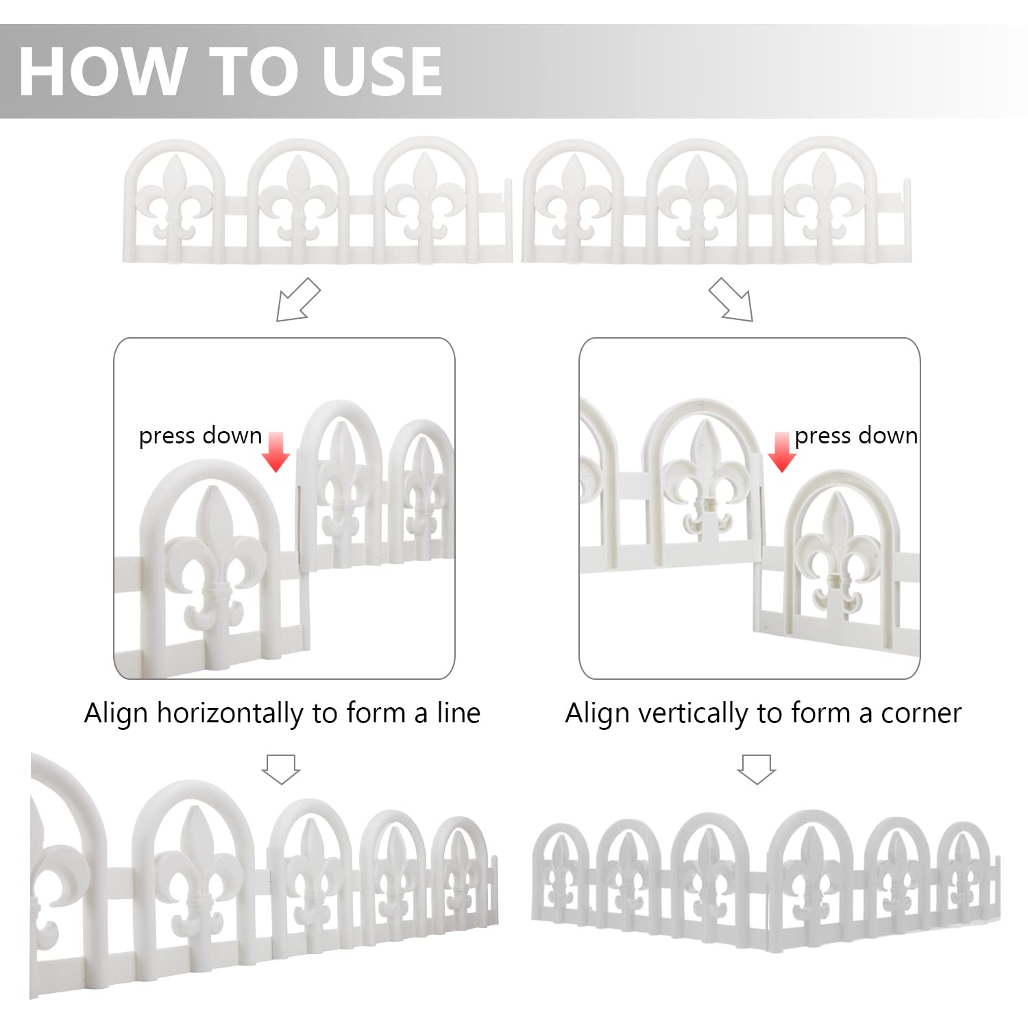 Evelyne White Garden Border Edging: Wrought Iron Design - 27pcs White Yard Landscaping Fence Liner Lawn Edge Barrier - 35ft Kit of Decorative Lawn Landscape Panels Elements