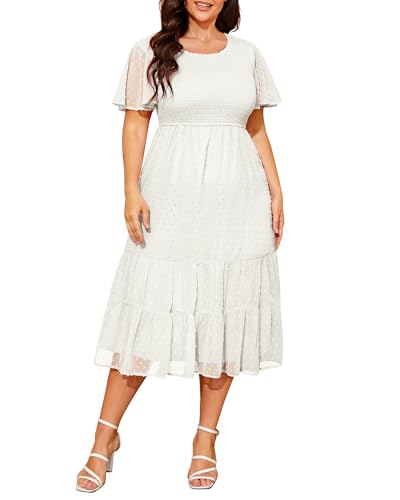White Plus Size Summer Dress Casual Graduation Bridal Shower Midi Short Sleeve Swiss Dot Tiered Flowy Smocked Dresses
