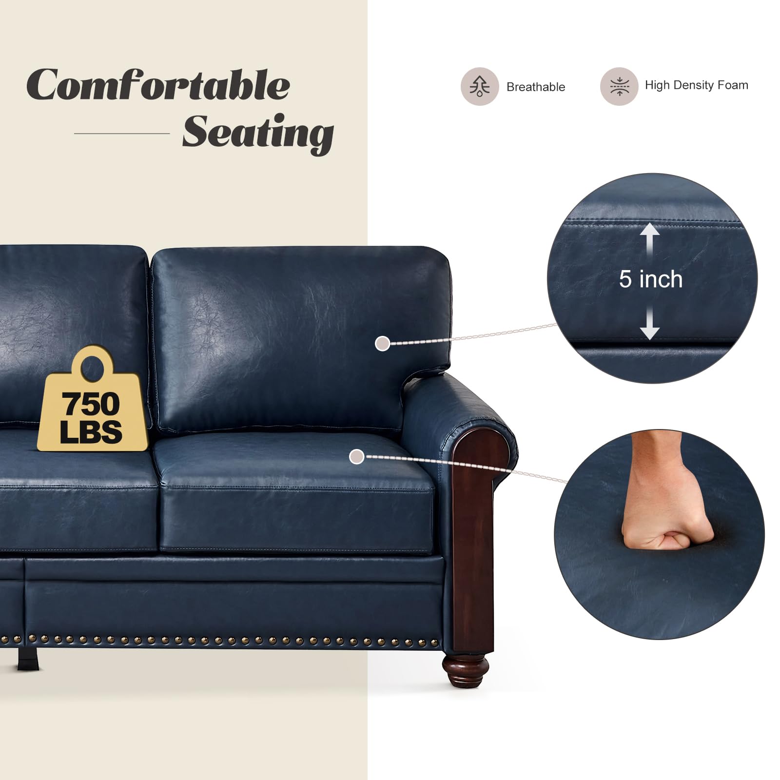 HULALA HOME 81'' Faux Leather Sofa with Nailhead Trim and Wood Decor Rolled Arms, Modern Living Room 3-Seater Couch, Navy Upholstered Couch with Removable Backrest for Bedroom Apartment