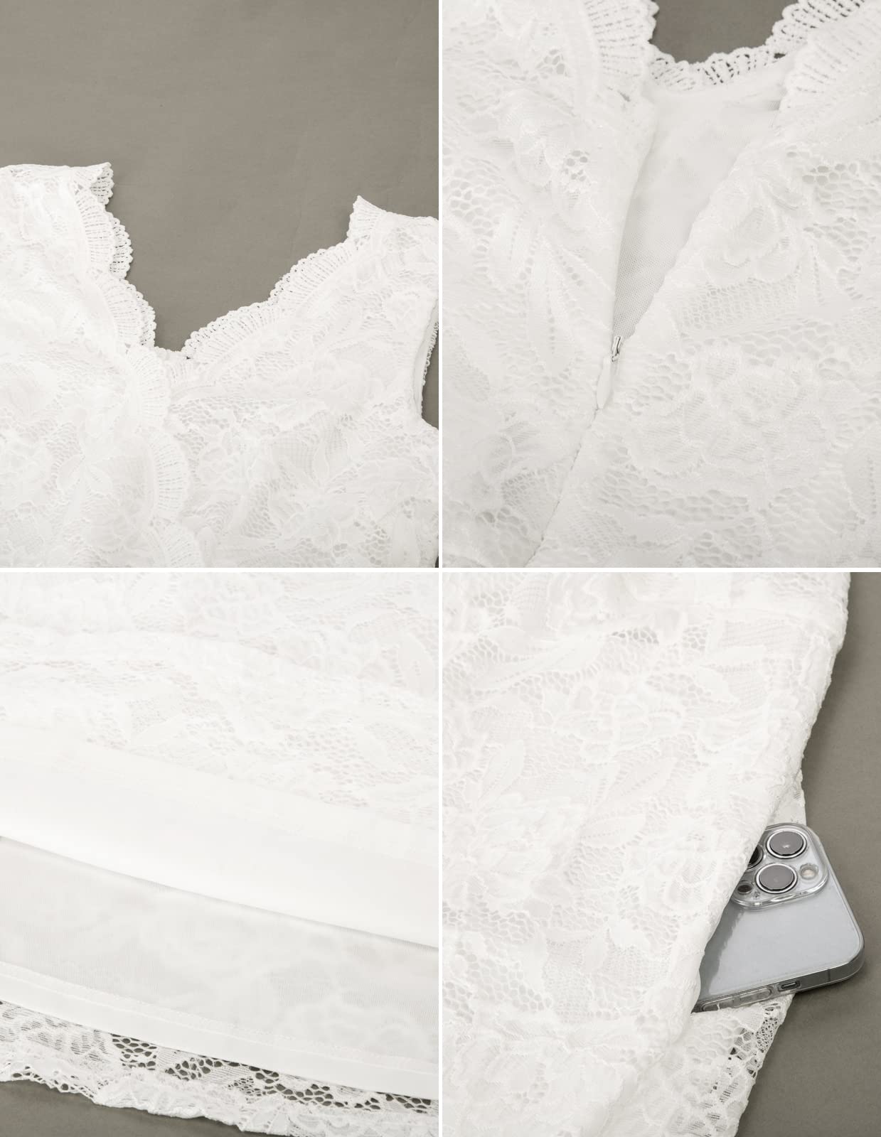 Women V-neck Lace Sleeveless Pocket Dress Swing A-Line Wedding Bridesmaid Cocktail Party Midi Dresses White L