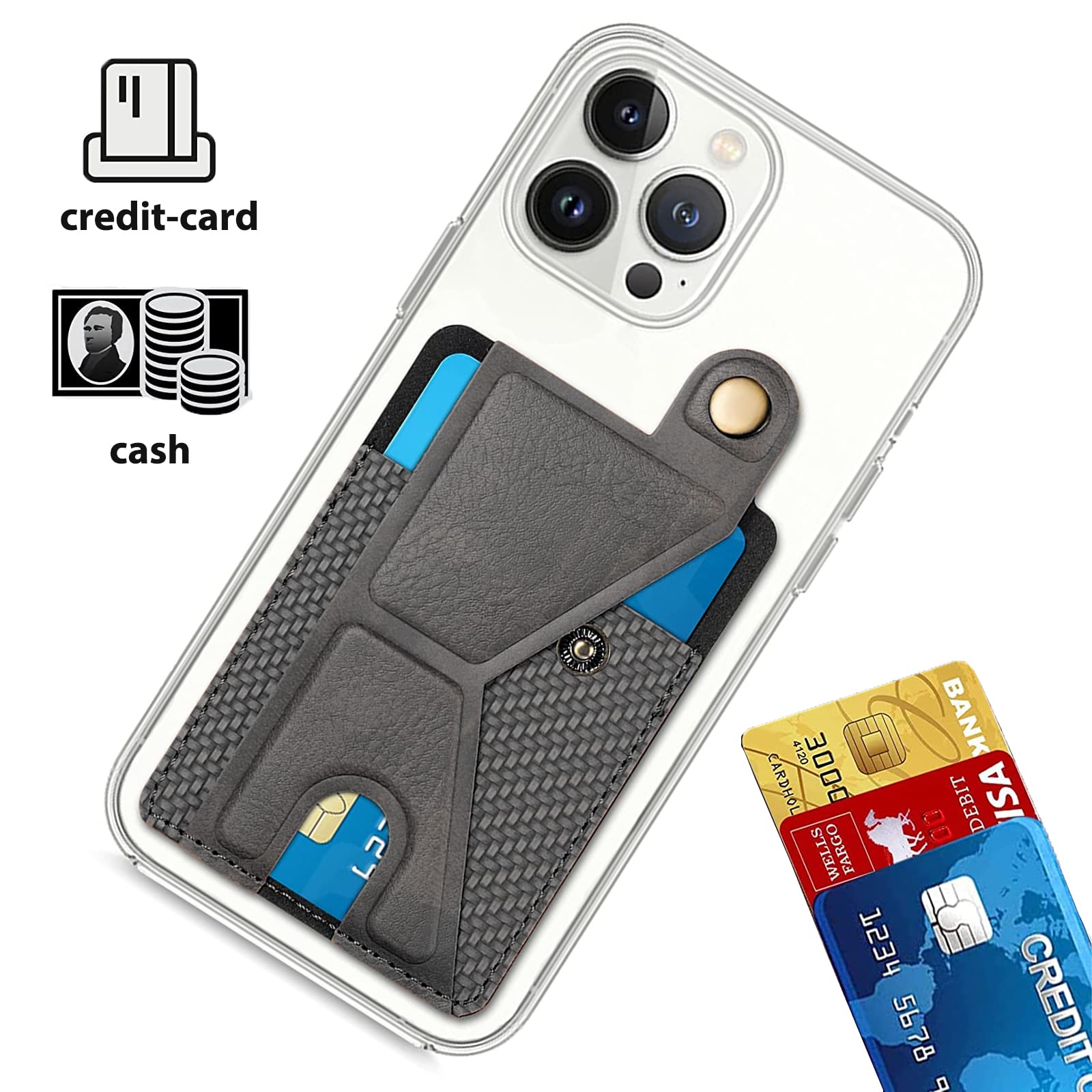 Miimall Phone Card Holder Compatible with iPhone Case, Samsung Galaxy Phone, PU Leather Wallet Pouch with Magnetic Adjustable Kickstand, 3M Adhesive Case Sleeve for Most Smartphones (Black)