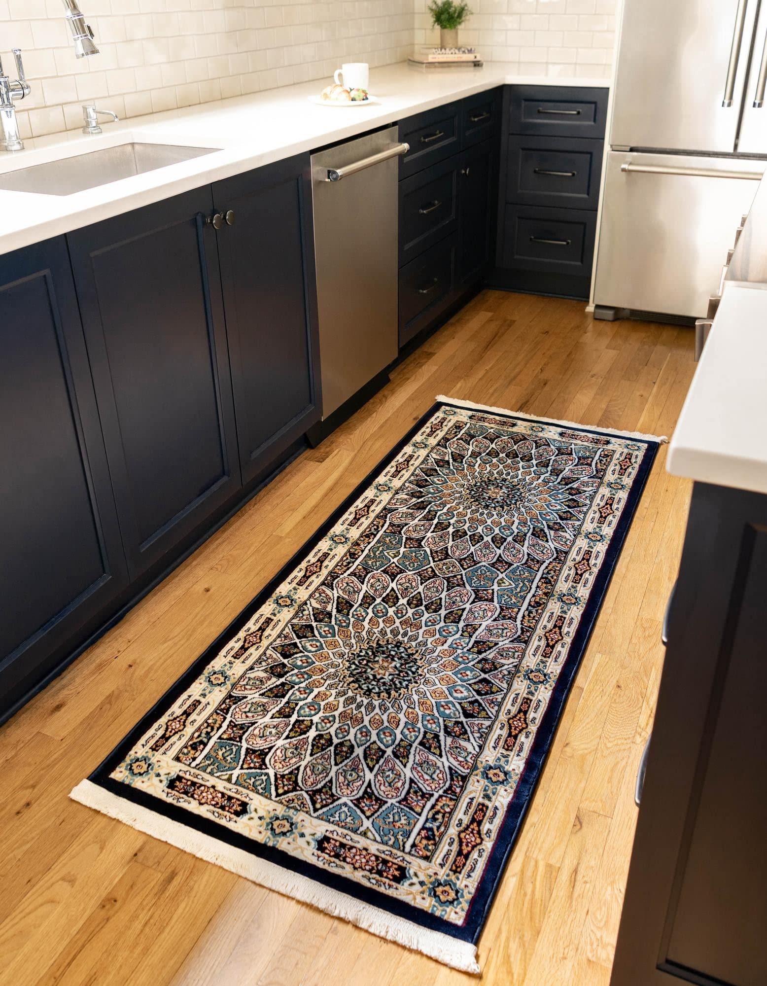 Rugs.com Rabia Collection Rug – 2' 7 x 12' Runner Navy Blue Low Rug Perfect for Hallways, Entryways
