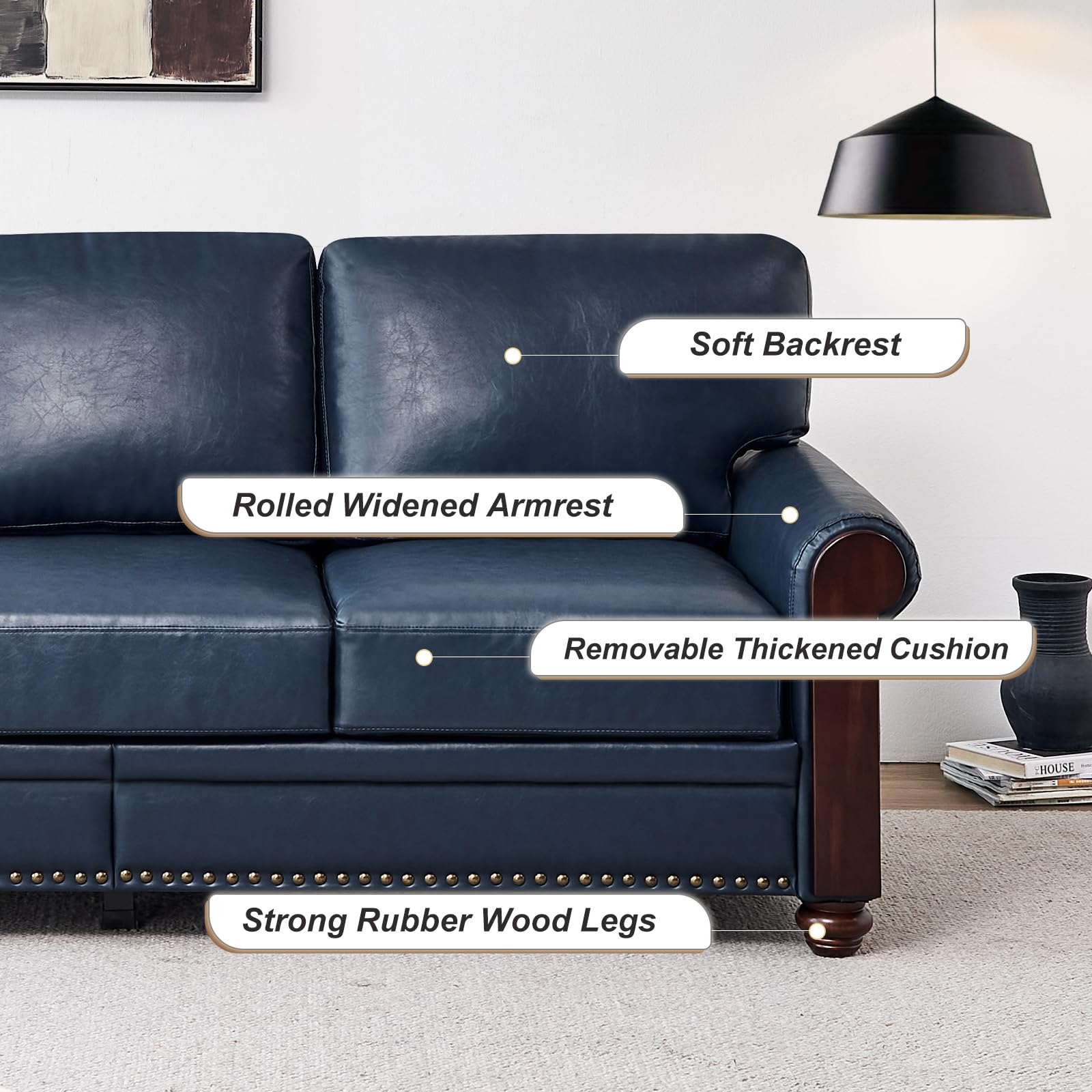 HULALA HOME 81'' Faux Leather Sofa with Nailhead Trim and Wood Decor Rolled Arms, Modern Living Room 3-Seater Couch, Navy Upholstered Couch with Removable Backrest for Bedroom Apartment
