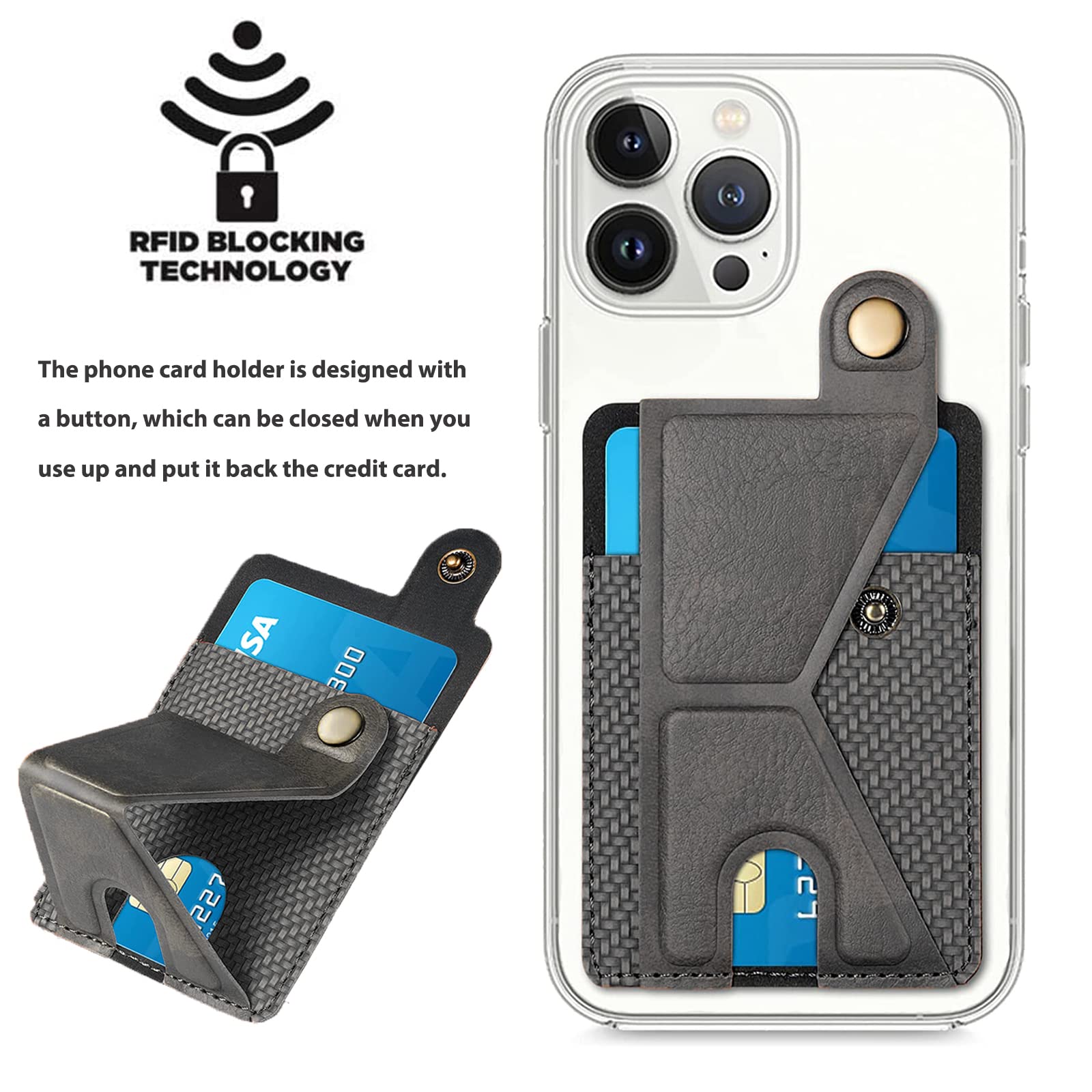 Miimall Phone Card Holder Compatible with iPhone Case, Samsung Galaxy Phone, PU Leather Wallet Pouch with Magnetic Adjustable Kickstand, 3M Adhesive Case Sleeve for Most Smartphones (Black)