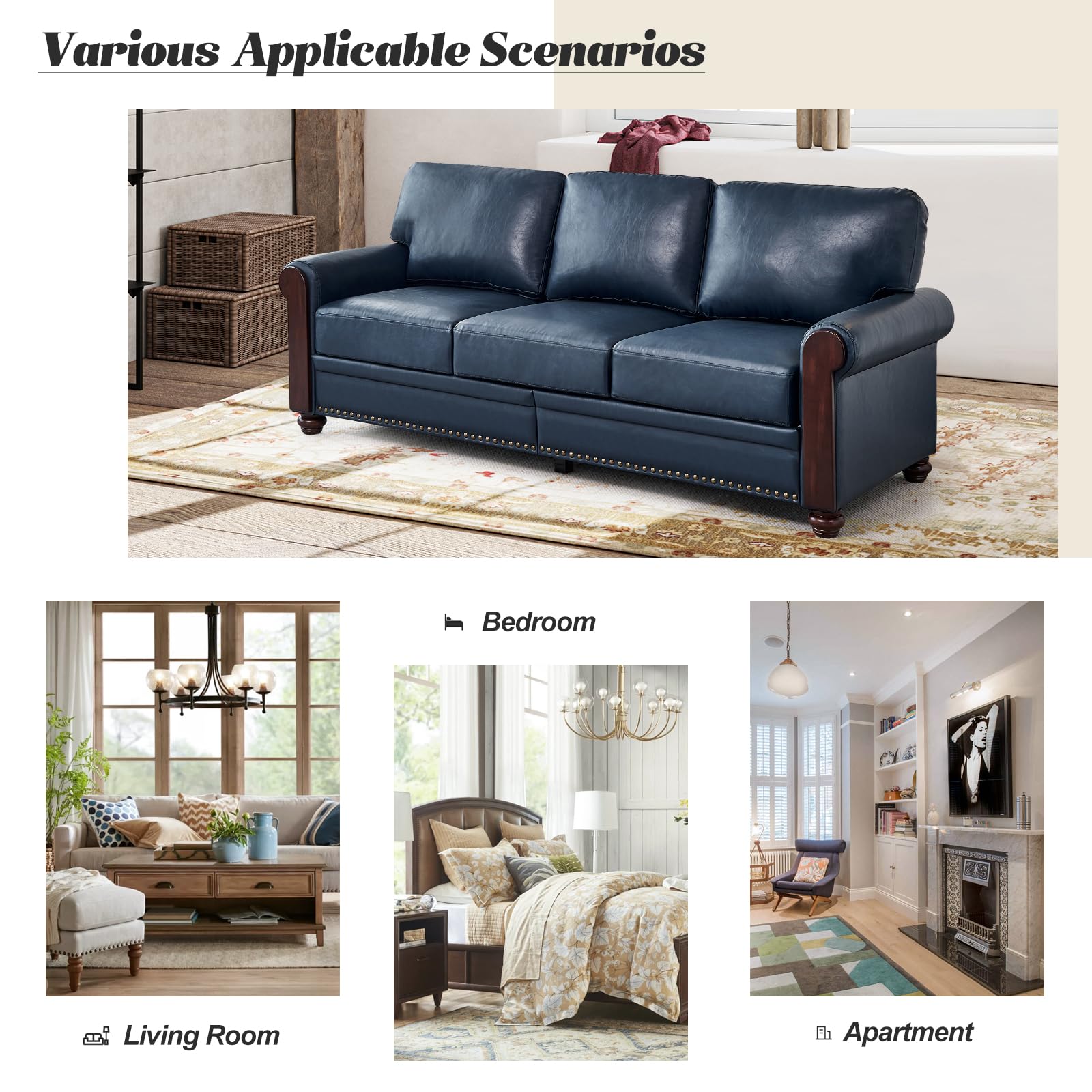 HULALA HOME 81'' Faux Leather Sofa with Nailhead Trim and Wood Decor Rolled Arms, Modern Living Room 3-Seater Couch, Navy Upholstered Couch with Removable Backrest for Bedroom Apartment