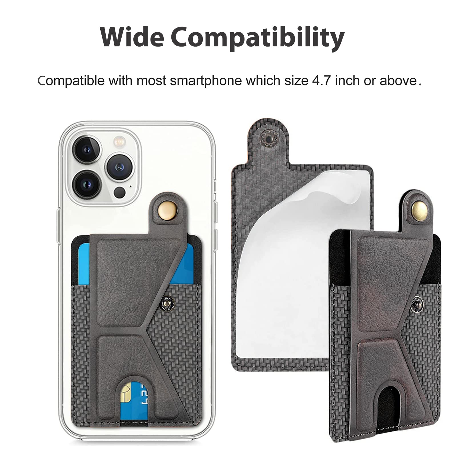 Miimall Phone Card Holder Compatible with iPhone Case, Samsung Galaxy Phone, PU Leather Wallet Pouch with Magnetic Adjustable Kickstand, 3M Adhesive Case Sleeve for Most Smartphones (Black)