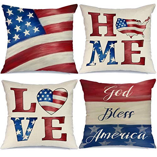 GEEORY 4th of July Decorations Pillow Covers 18x18 Set of 4 Memorial Day American Flag Stars and Stripes Patriotic Throw Pillow Covers Love America Pillows Case Independence Day Decor