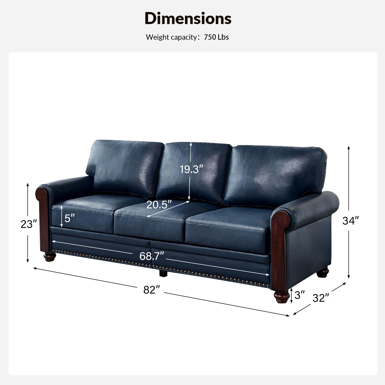 HULALA HOME 81'' Faux Leather Sofa with Nailhead Trim and Wood Decor Rolled Arms, Modern Living Room 3-Seater Couch, Navy Upholstered Couch with Removable Backrest for Bedroom Apartment