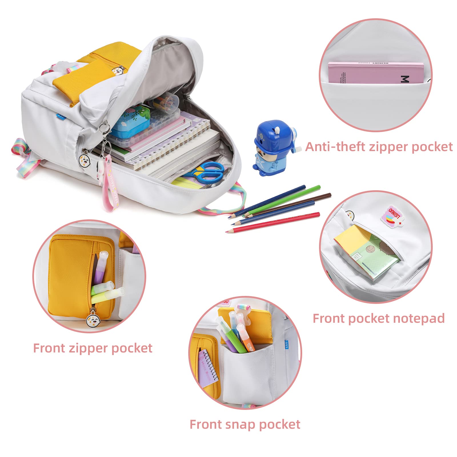 AUOBAG Backpacks for Girls Backpack for School Suitable Ages 6-8 Kids - Pass CPSC Certified - Gift Cute Pendant (White)