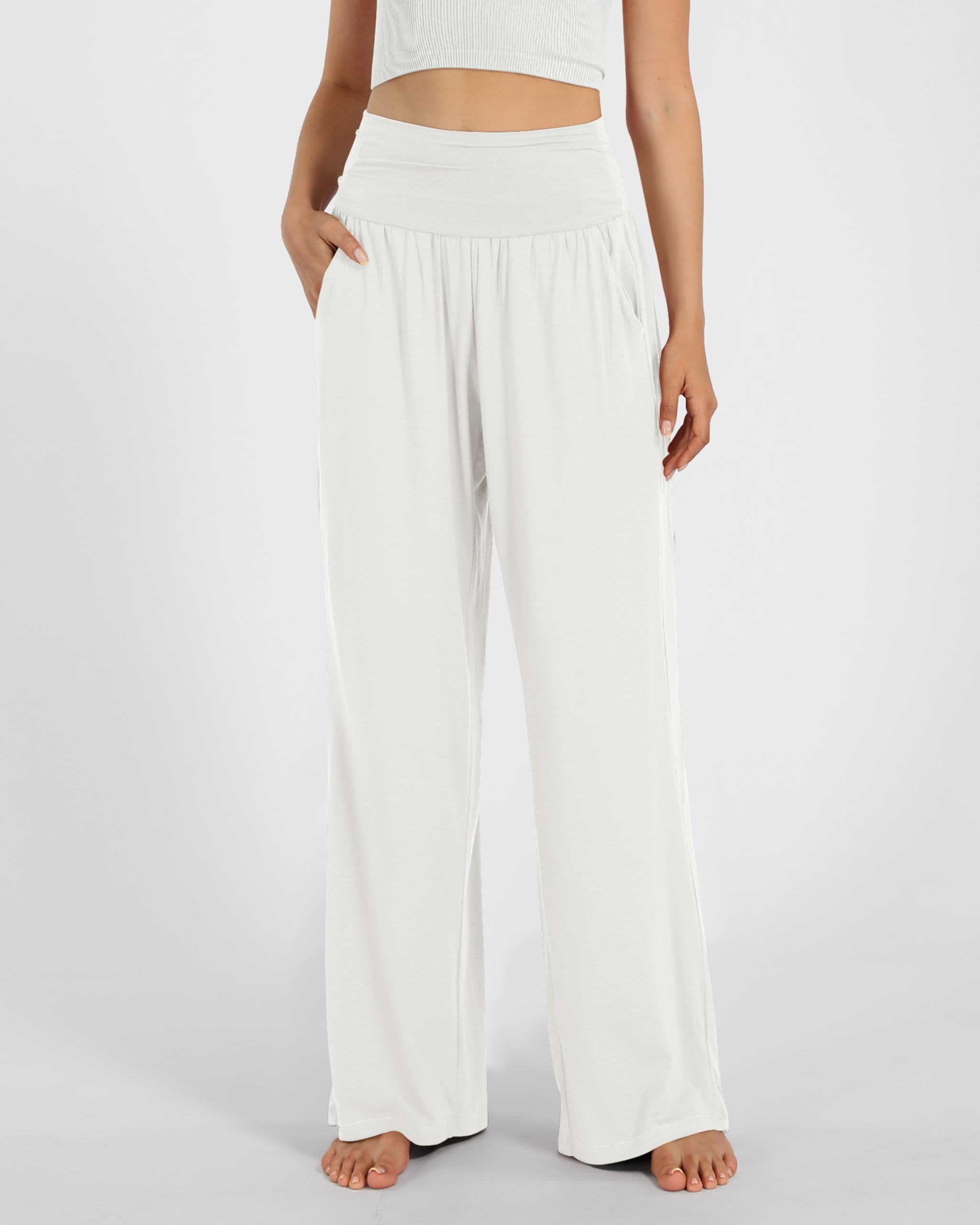 ODODOS Women's Wide Leg Palazzo Lounge Pants with Pockets Light Weight Loose Comfy Casual Pajama Pants-28 inseam, Off White, Small