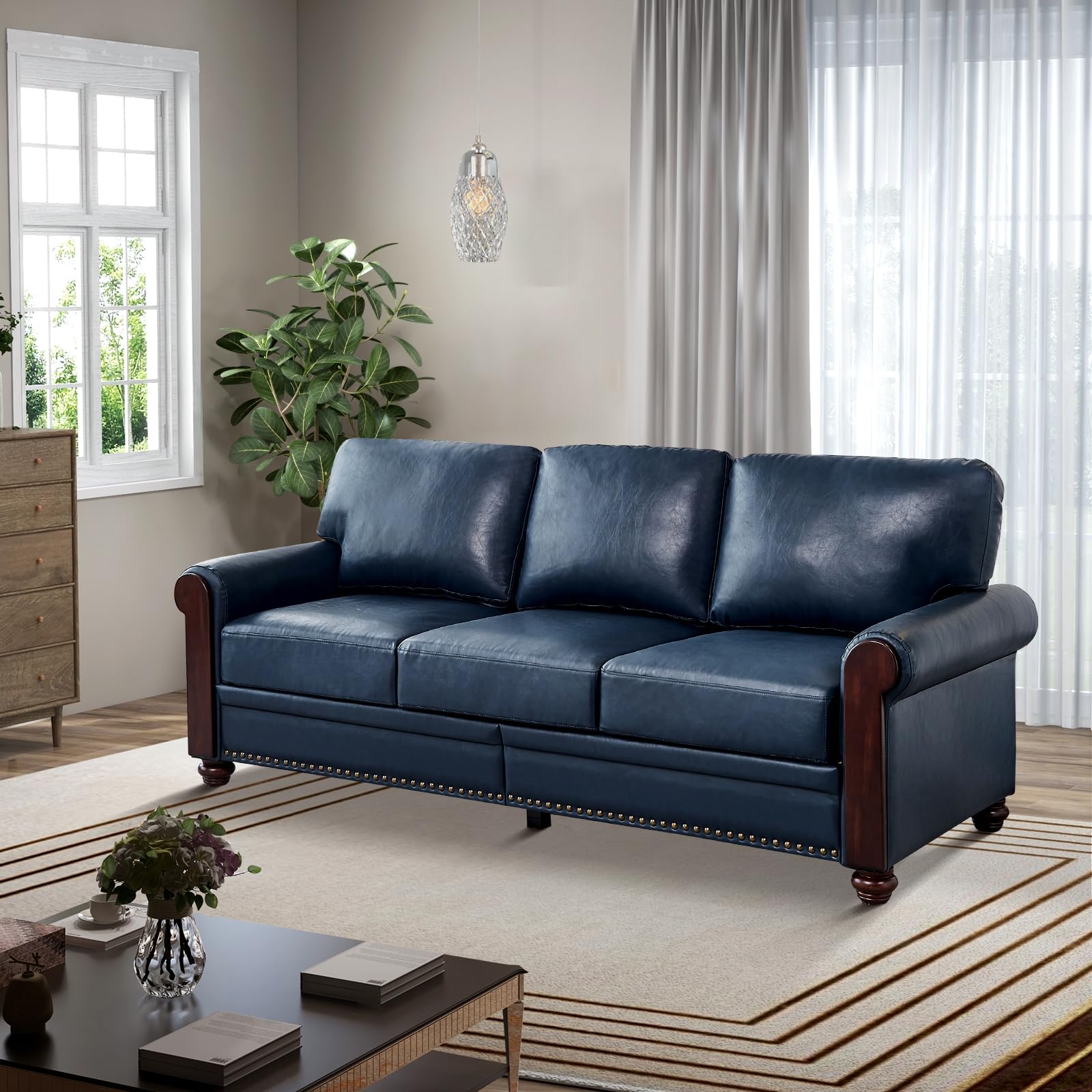 HULALA HOME 81'' Faux Leather Sofa with Nailhead Trim and Wood Decor Rolled Arms, Modern Living Room 3-Seater Couch, Navy Upholstered Couch with Removable Backrest for Bedroom Apartment