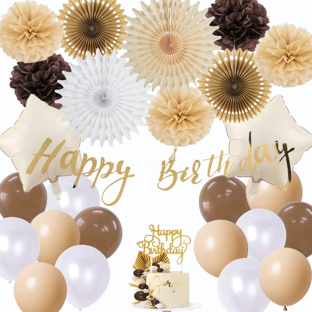 Brown Birthday Party Decorations Tan Brown Paper Fans Paper Pom Poms Happy Birthday Banner Brown Blush Neutral Balloons for Rustic Woodland Teddy Bear Boho Birthday Party Supplies