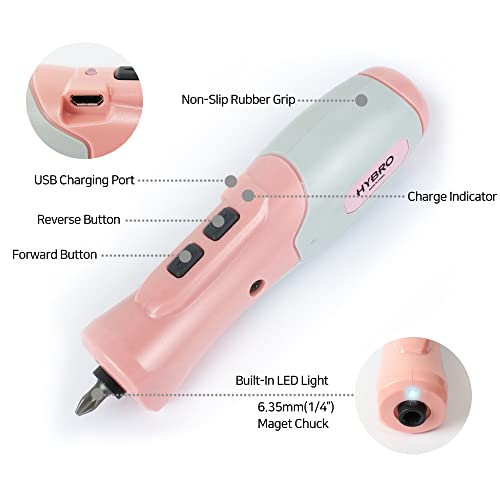 HYBRO Rechargeable Cordless 3.6V Screwdriver Set, Electric and Manual Battery Powered, Repair, Home Improvement Tool for Women - Max 10N.m Torque, 10pcs Bit Set, USB Charge, LED Light - H200M (Pink)