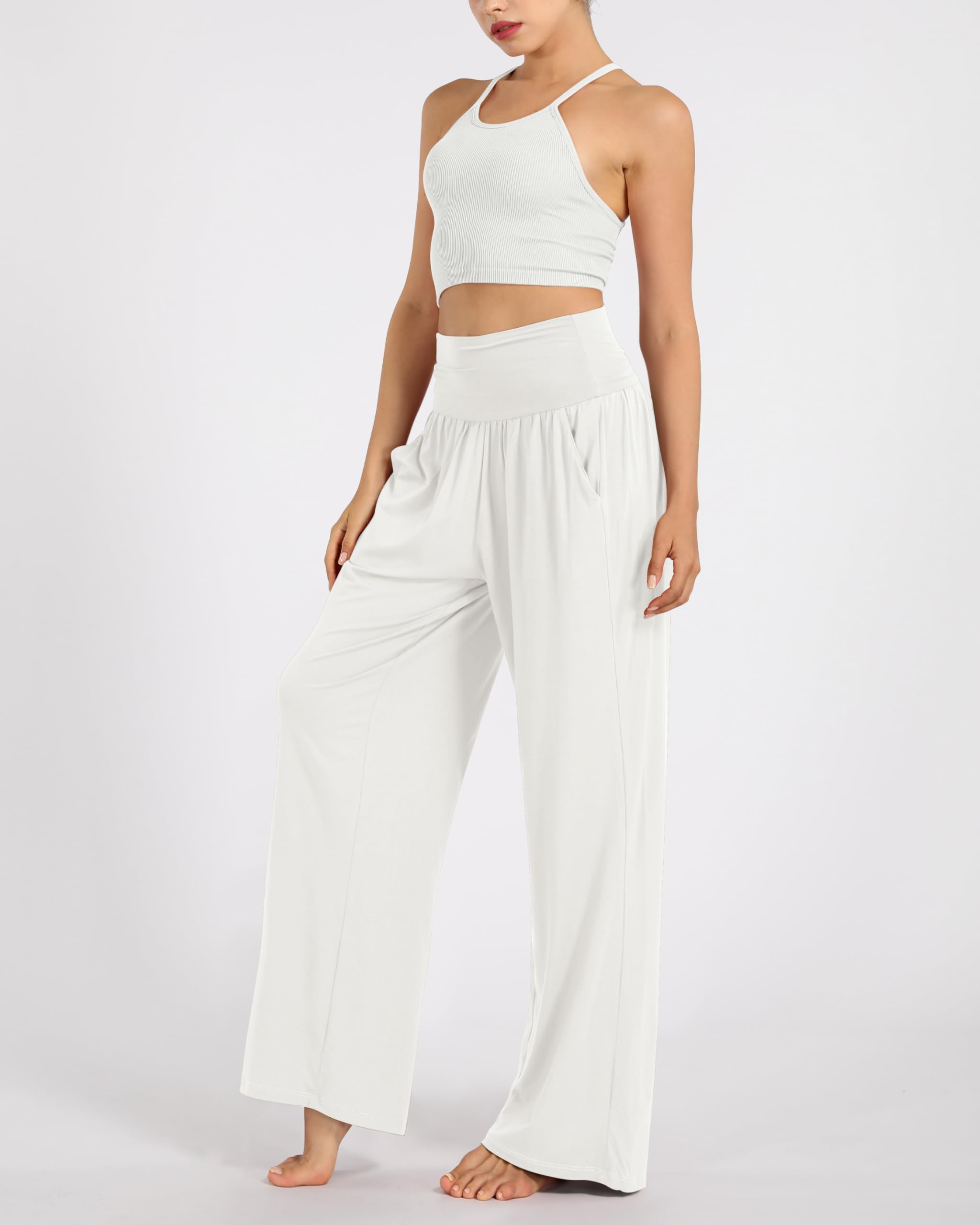 ODODOS Women's Wide Leg Palazzo Lounge Pants with Pockets Light Weight Loose Comfy Casual Pajama Pants-28 inseam, Off White, Small