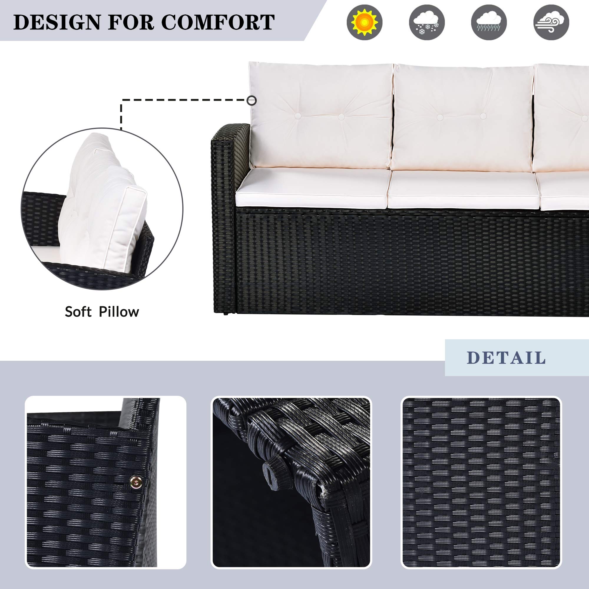 JIVOIT 6 Piece Outdoor Dining Sectional Sofa Set, All-Weather Wicker PE Rattan Furniture Sets with Coffee Table/Ottomans/Removable Cushions, Patio Conversation Set (Black Wicker, Beige Cushion)