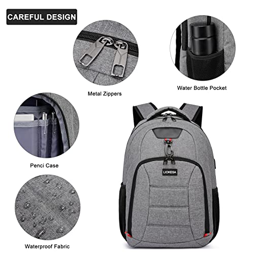 Liokesa Laptop Backpack for Men, School Backpack for Teen Boys with USB Charging Port, Travel Water Resistant Students Book Bags, Large College Work Back Pack Fit 15.6 Inch Laptop, Grey