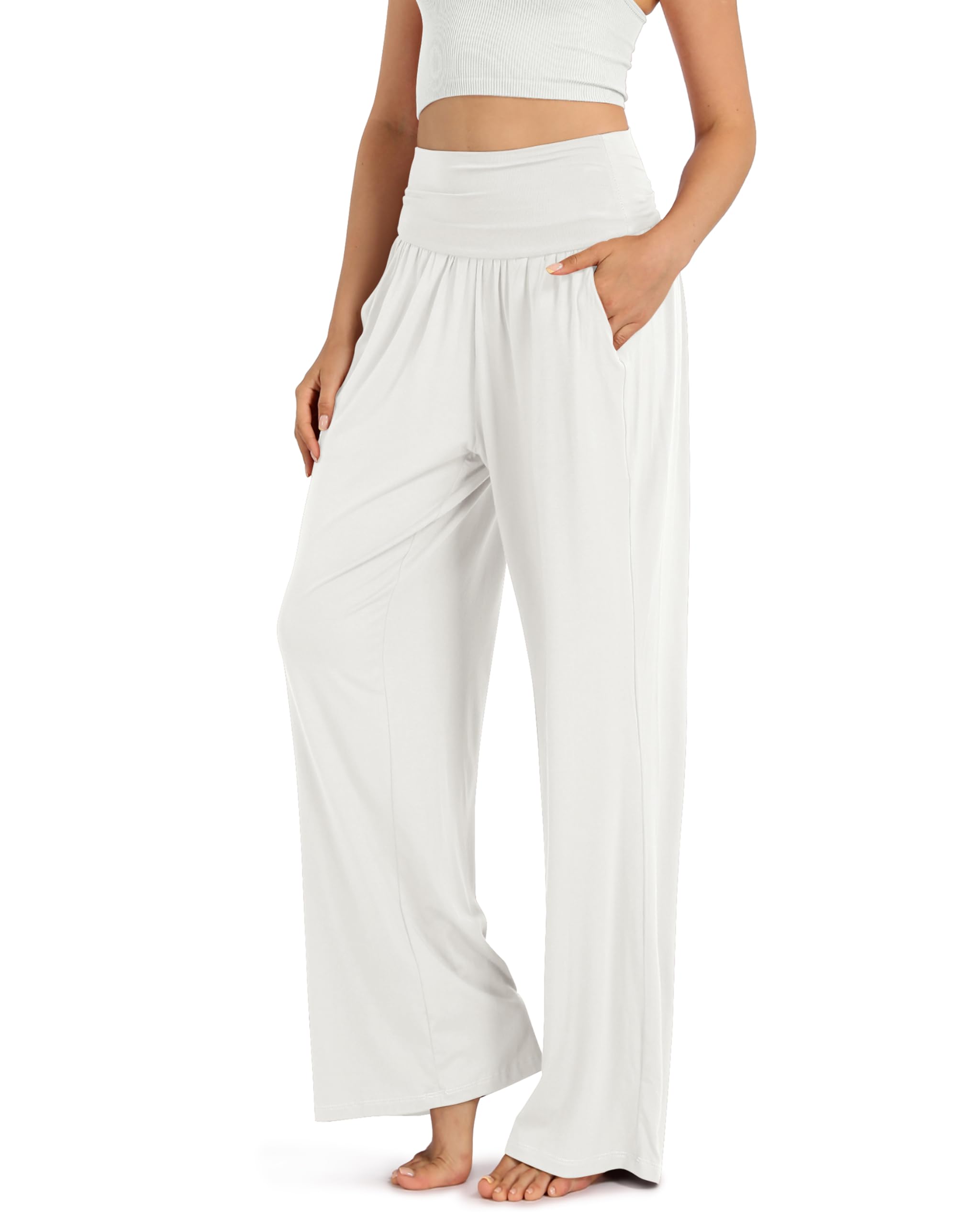 ODODOS Women's Wide Leg Palazzo Lounge Pants with Pockets Light Weight Loose Comfy Casual Pajama Pants-28 inseam, Off White, Small
