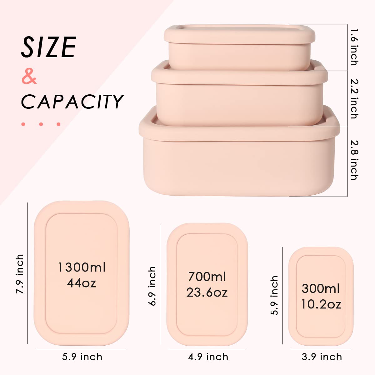 Keweis Silicone Food Storage Containers, Set of 3 Silicone Bento Lunch Box Containers with Lids, Hard-Shell Silicone, Airtight, Microwave, Dishwasher and Freezer Safe (10oz, 23.6oz, 44oz)