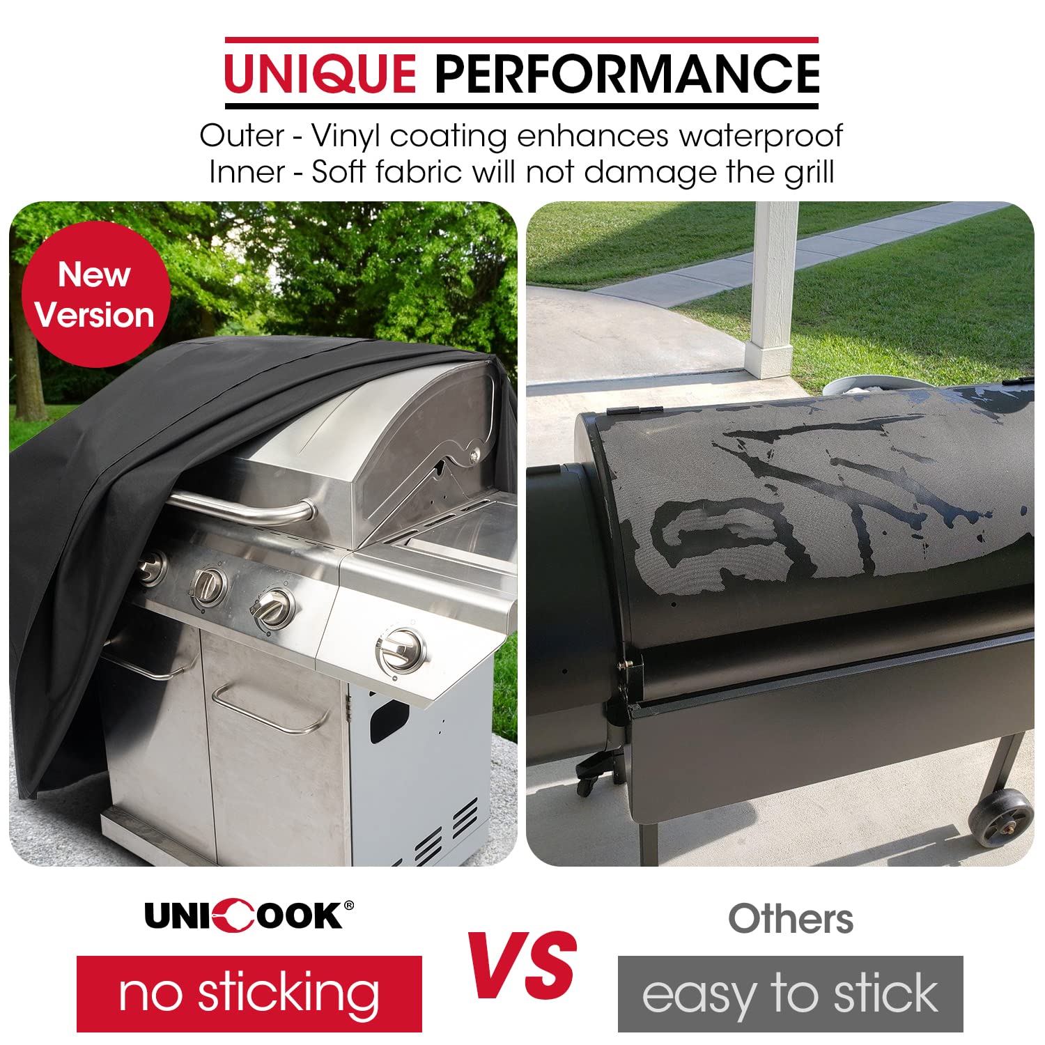 Unicook Grill Cover 55 Inch, 3-4 Burner BBQ Cover, Waterproof Vinyl Shell with Polyester Lining, No Water Leaking, No Sticking, Anti-UV, Compatible with Weber, Nexgrill, Char-Broil Grills and More