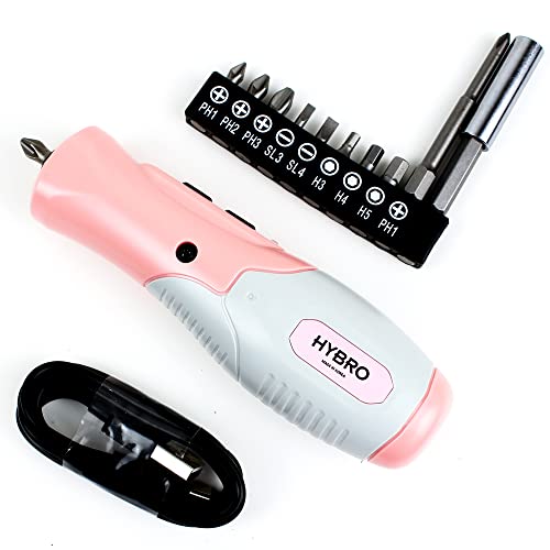 HYBRO Rechargeable Cordless 3.6V Screwdriver Set, Electric and Manual Battery Powered, Repair, Home Improvement Tool for Women - Max 10N.m Torque, 10pcs Bit Set, USB Charge, LED Light - H200M (Pink)
