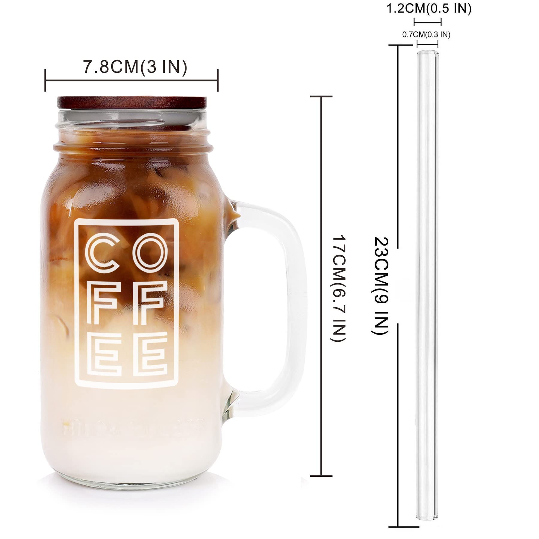 ANOTION Mason Jar Iced Coffee Cup with Handle, 24oz Regular Mouth Mason Jars with Lid and Straw Glass Coffee Drinking Glasses Tumbler Reusable Cups Bottles for Travel Office Home