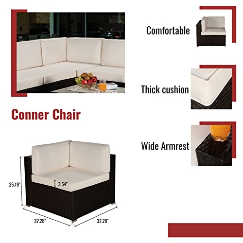 7 Pieces Outdoor Sectional Sofa Set, Brown PE Rattan Wicker Sectional Beige Cushioned Sofa Sets with 2 Red Pillows Patio Conversation Set with Glass Table for Lawn, Backyard, and Poolside