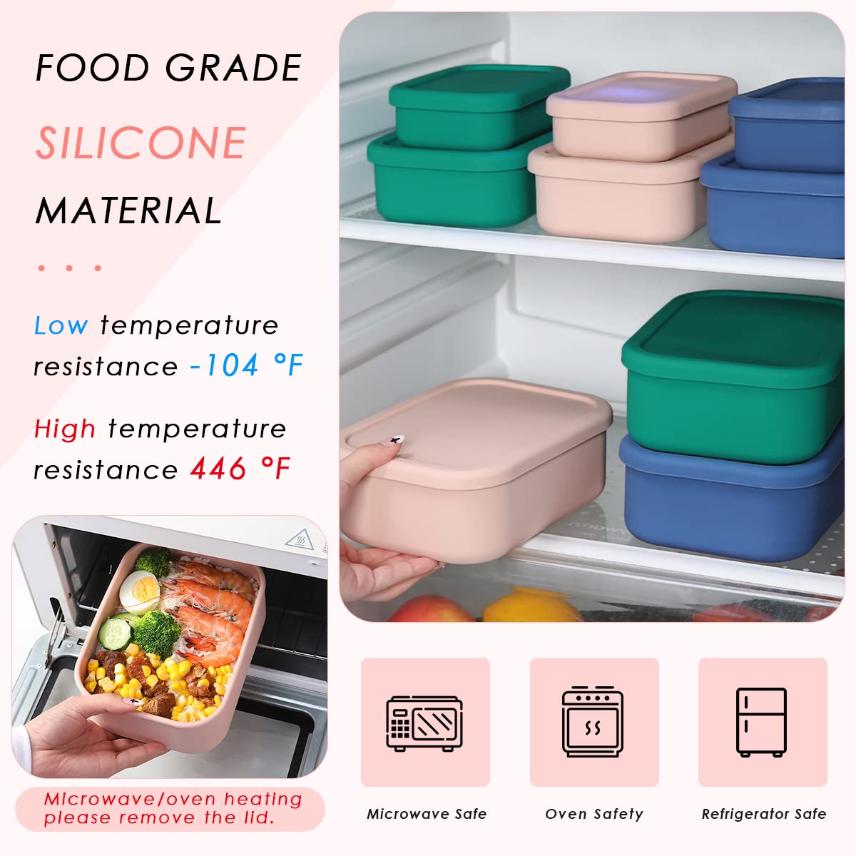 Keweis Silicone Food Storage Containers, Set of 3 Silicone Bento Lunch Box Containers with Lids, Hard-Shell Silicone, Airtight, Microwave, Dishwasher and Freezer Safe (10oz, 23.6oz, 44oz)
