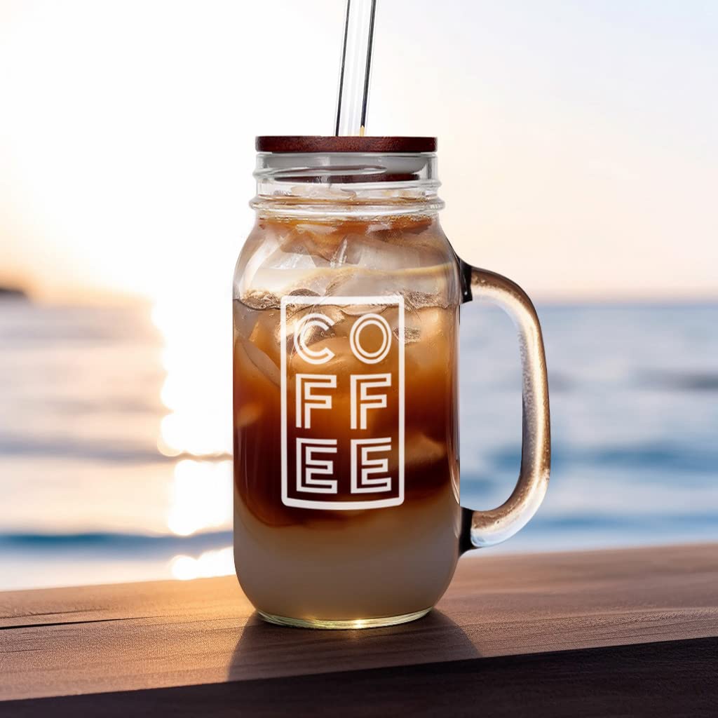 ANOTION Mason Jar Iced Coffee Cup with Handle, 24oz Regular Mouth Mason Jars with Lid and Straw Glass Coffee Drinking Glasses Tumbler Reusable Cups Bottles for Travel Office Home