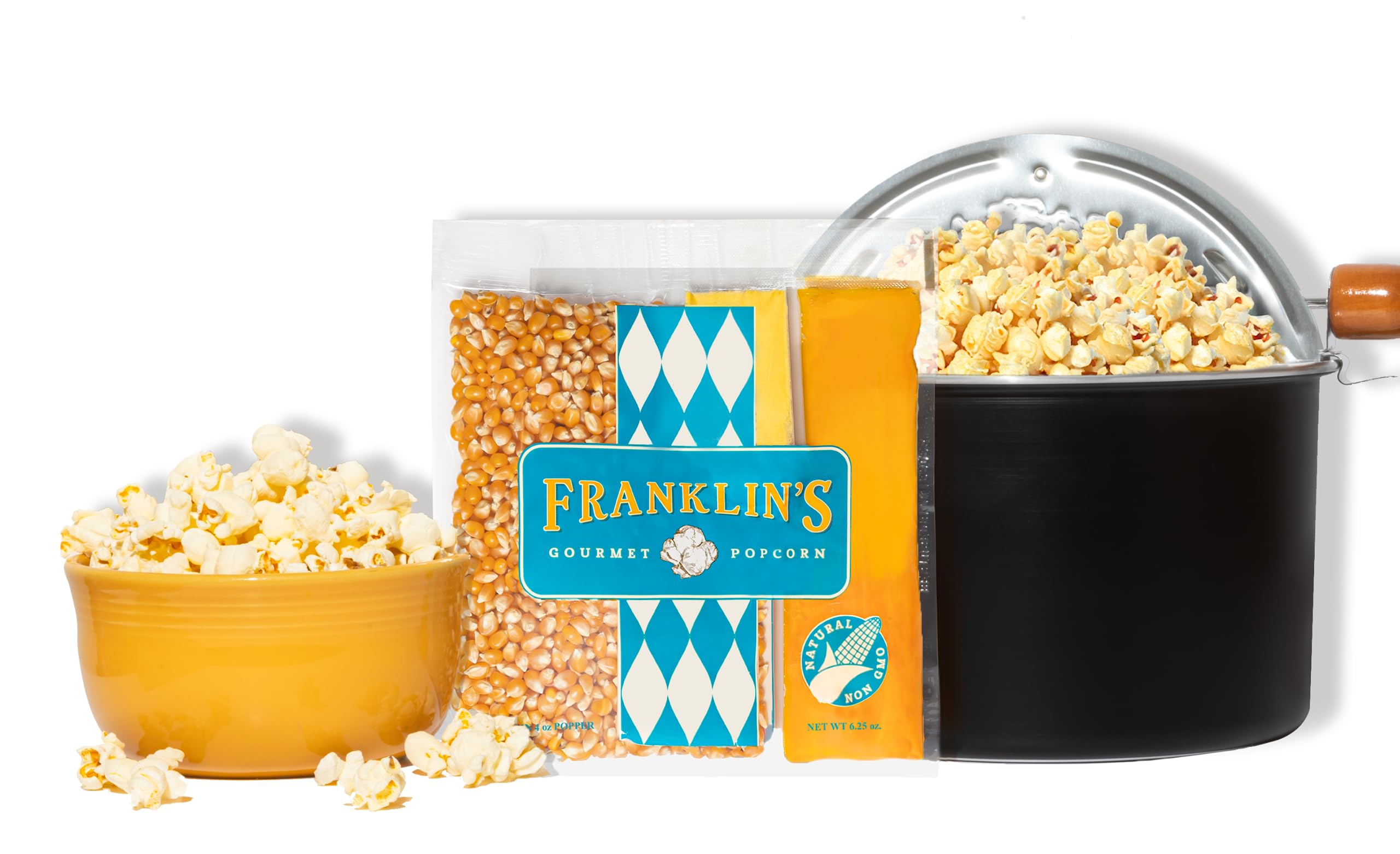 Franklin's Gourmet Popcorn - Movie Night Bundles - Stovepop Popcorn Maker + 4oz Pack of 10 Organic All-In-One Pre-measured Popcorn Packs with Butter Flavored Salt, and Butter Flavored Coconut Oil