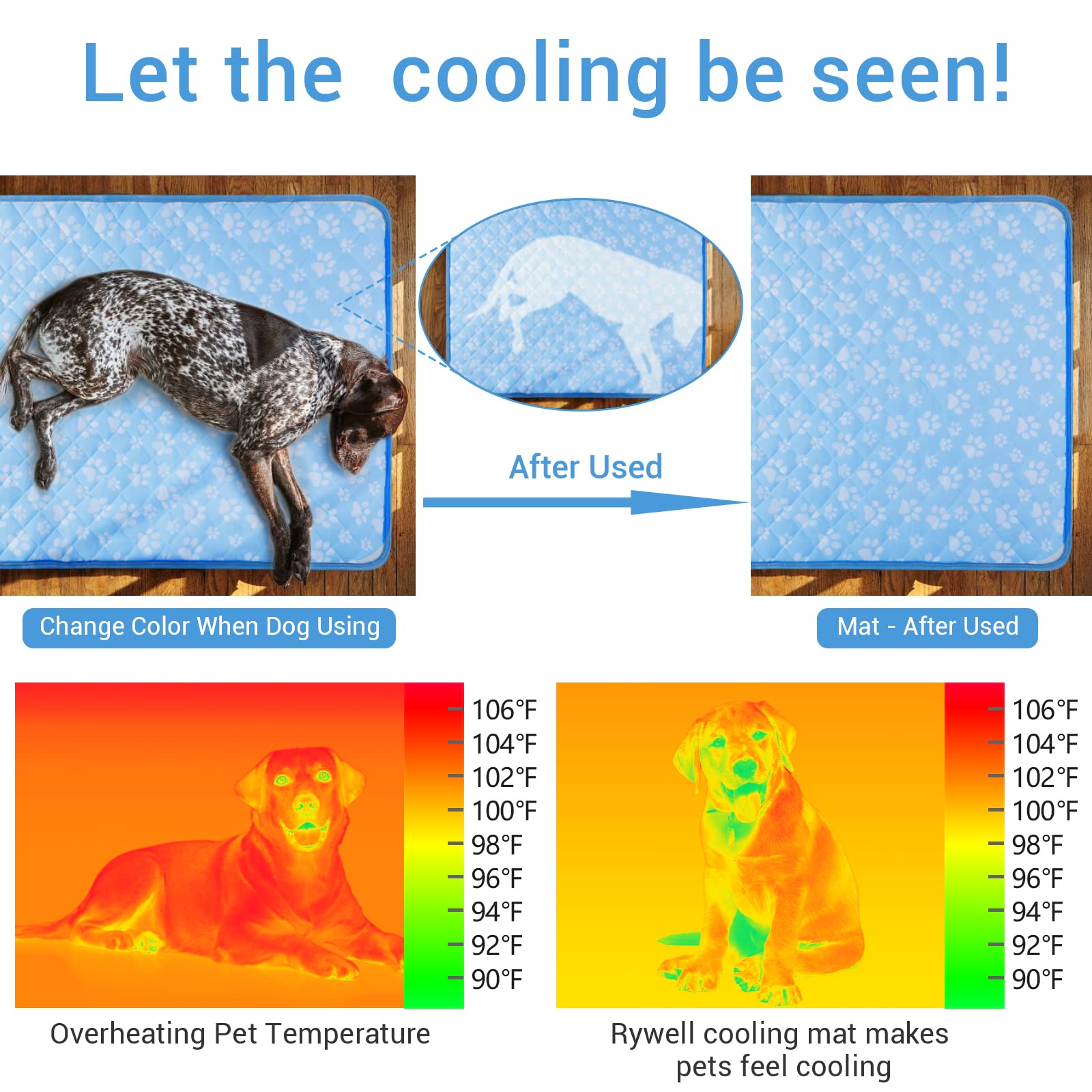 Rywell Upgrade Self-Cooling Mat for Dogs Extra Large, 44'' x 32'' - Endothermic Color Changing Arc-Chill Cooling Fiber - Washable Non-Toxic Summer Pet Outdoor Bed, Non-Slip&Foldable