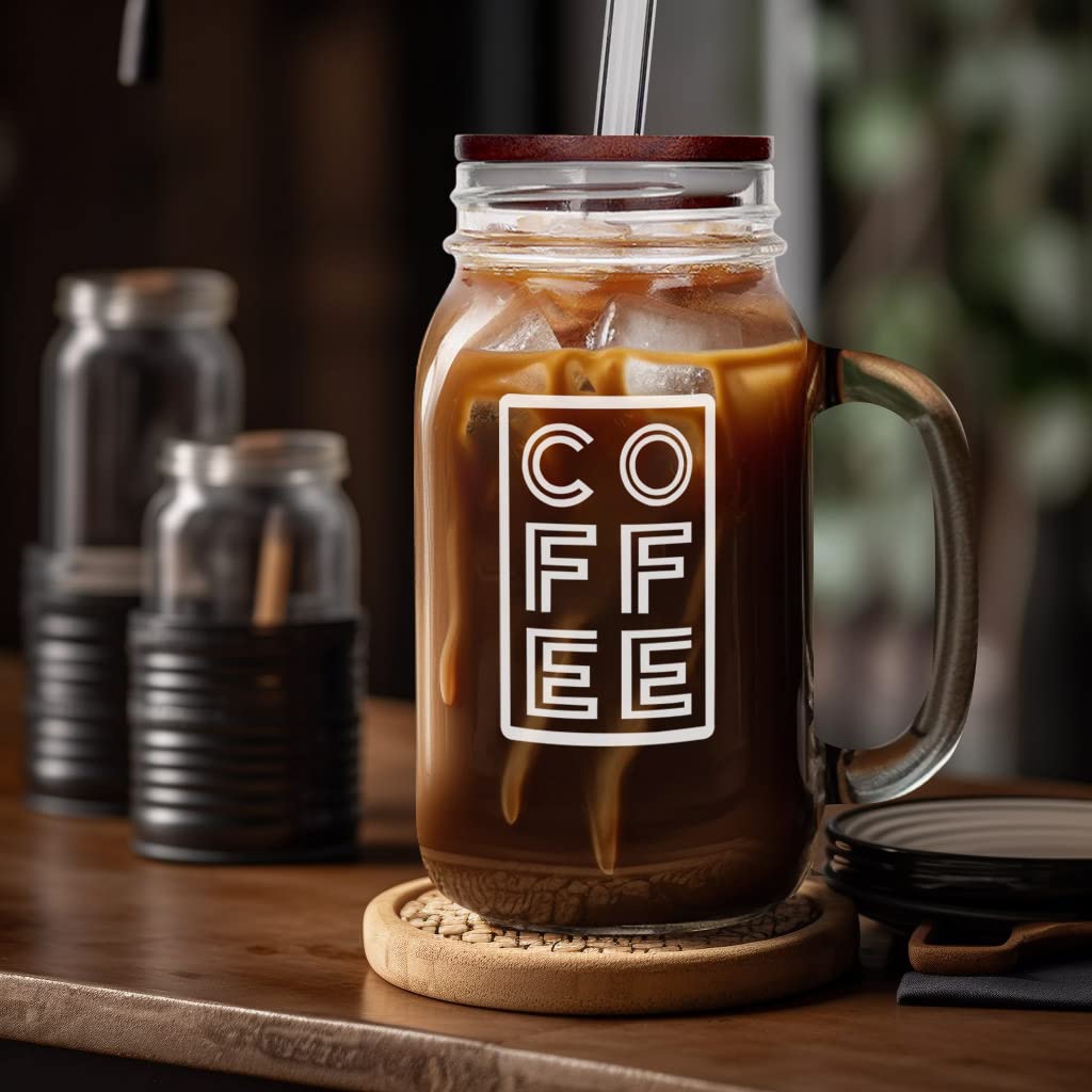 ANOTION Mason Jar Iced Coffee Cup with Handle, 24oz Regular Mouth Mason Jars with Lid and Straw Glass Coffee Drinking Glasses Tumbler Reusable Cups Bottles for Travel Office Home
