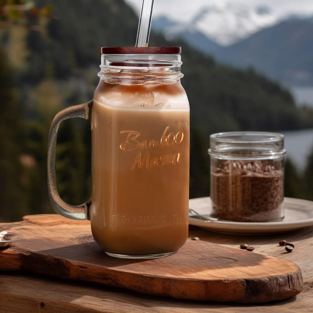 ANOTION Mason Jar Iced Coffee Cup with Handle, 24oz Regular Mouth Mason Jars with Lid and Straw Glass Coffee Drinking Glasses Tumbler Reusable Cups Bottles for Travel Office Home