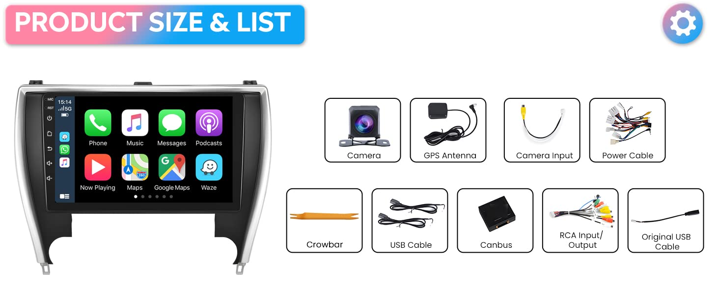 2+32 Android 12 Car Stereo for Toyota Camry 2015 2016 2017, 10.2" HD Touch Screen car Radio with Wireless Carplay & Android Auto, Mirror Link, Bluetooth, WiFi, GPS Navigation, Backup Camera