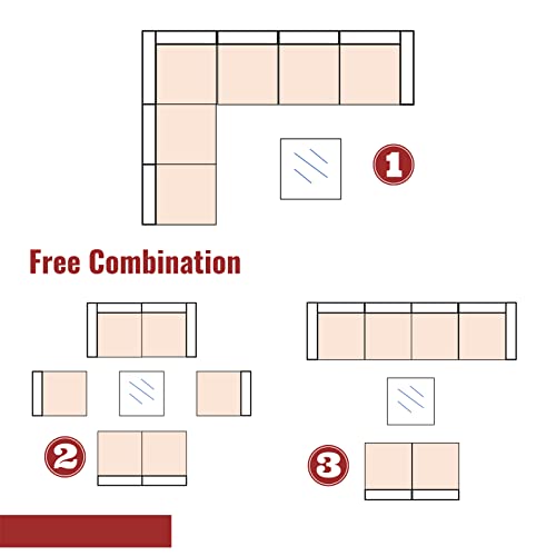 7 Pieces Outdoor Sectional Sofa Set, Brown PE Rattan Wicker Sectional Beige Cushioned Sofa Sets with 2 Red Pillows Patio Conversation Set with Glass Table for Lawn, Backyard, and Poolside
