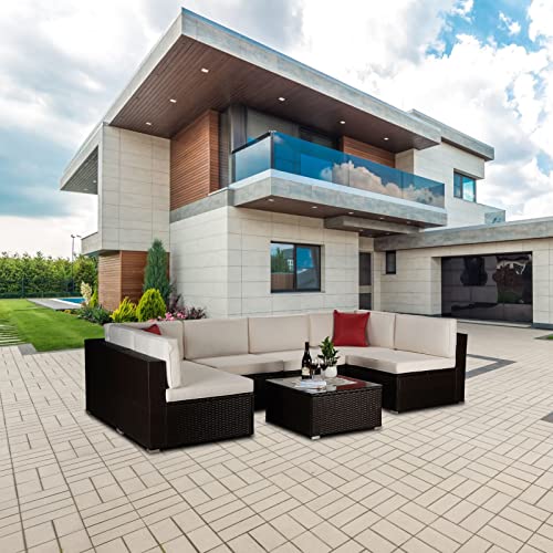 7 Pieces Outdoor Sectional Sofa Set, Brown PE Rattan Wicker Sectional Beige Cushioned Sofa Sets with 2 Red Pillows Patio Conversation Set with Glass Table for Lawn, Backyard, and Poolside