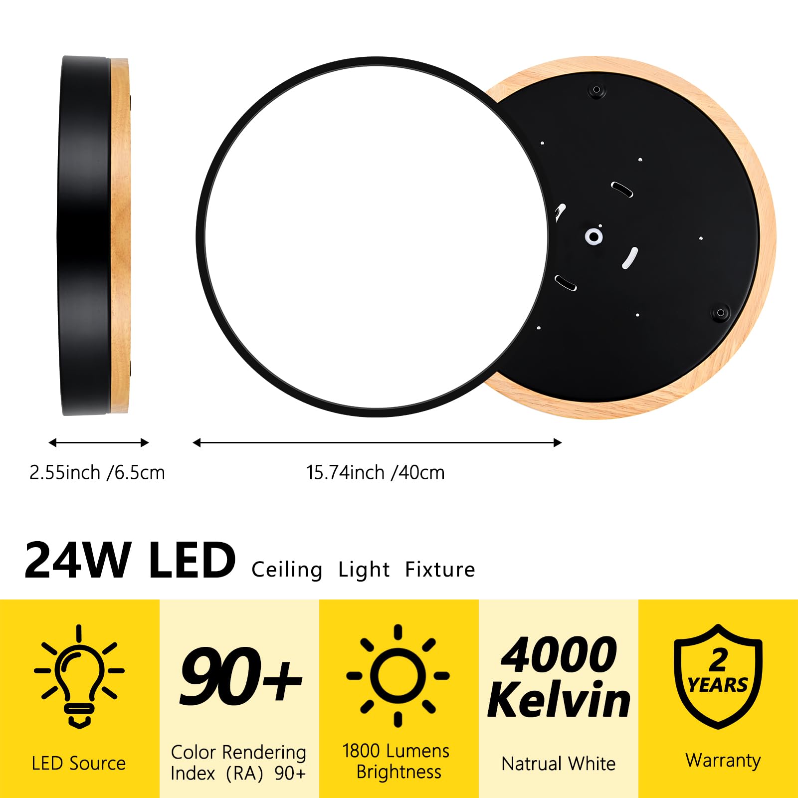 VIOLOEMI Modern Black Ceiling Light, Wood LED Close to Ceiling Lighting Fixtures, Round Flush Mount Ceiling Lamp for Kitchen Bedroom Bathroom Laundry Room Nursery Room Hallway(15.74 Inch)