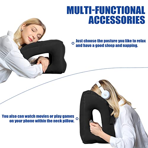 SAHEYER Inflatable Travel Pillow, Inflatable Neck Pillow for Airplane Travel Essentials and Office Nap, with 3D Eye Mask, Earplugs, Luggage Tag Initial & Portable Drawstring Bag (Black)