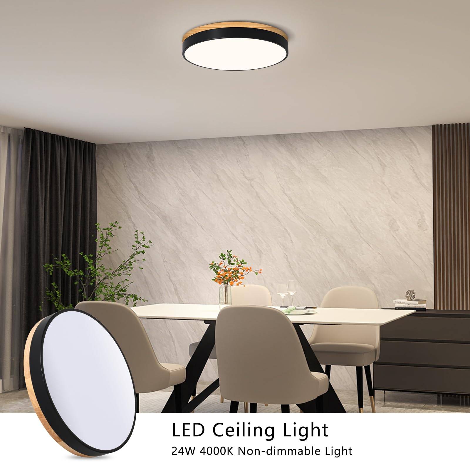 VIOLOEMI Modern Black Ceiling Light, Wood LED Close to Ceiling Lighting Fixtures, Round Flush Mount Ceiling Lamp for Kitchen Bedroom Bathroom Laundry Room Nursery Room Hallway(15.74 Inch)