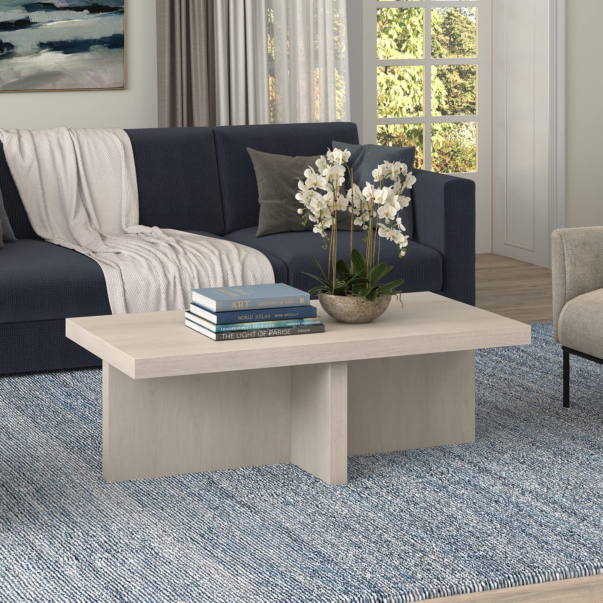Henn&Hart 44" Wide Rectangular Coffee Table in Alder White, for Home, Living Room, Bedroom, Entertainment Room, Office