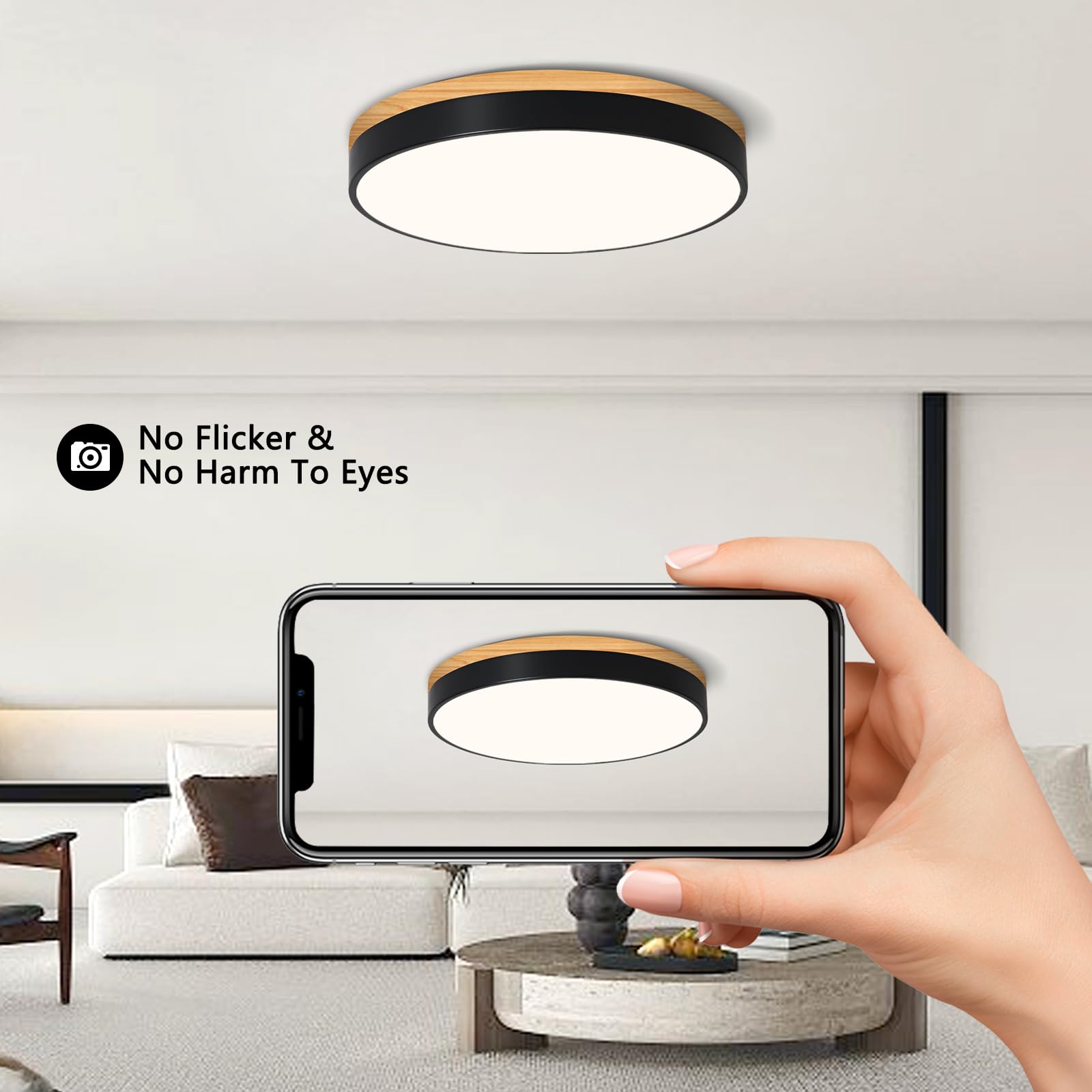 VIOLOEMI Modern Black Ceiling Light, Wood LED Close to Ceiling Lighting Fixtures, Round Flush Mount Ceiling Lamp for Kitchen Bedroom Bathroom Laundry Room Nursery Room Hallway(15.74 Inch)