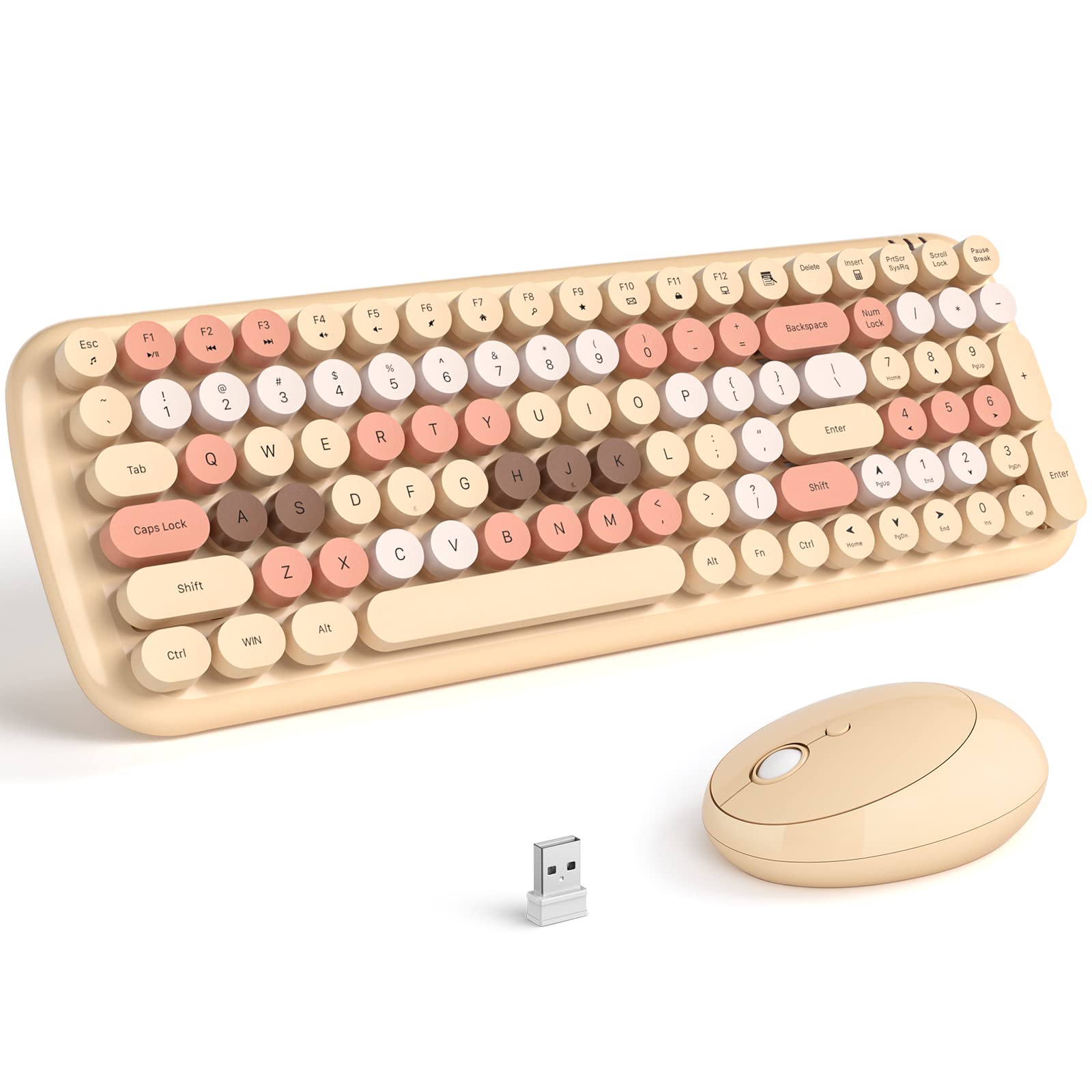 MOFII Wireless Keyboard and Mouse Combo, Retro Typewriter Keyboard with Multi-Media Function Keys and Number Pad Compared for PC Computer Windows 7 8 10 (Milk-Tea Colorful)