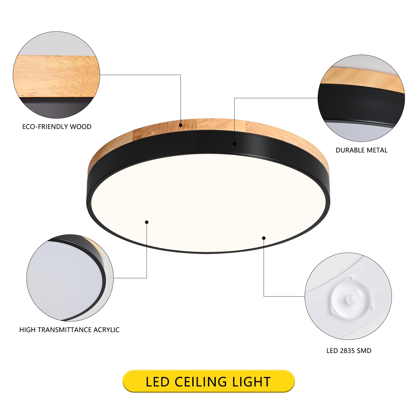 VIOLOEMI Modern Black Ceiling Light, Wood LED Close to Ceiling Lighting Fixtures, Round Flush Mount Ceiling Lamp for Kitchen Bedroom Bathroom Laundry Room Nursery Room Hallway(15.74 Inch)